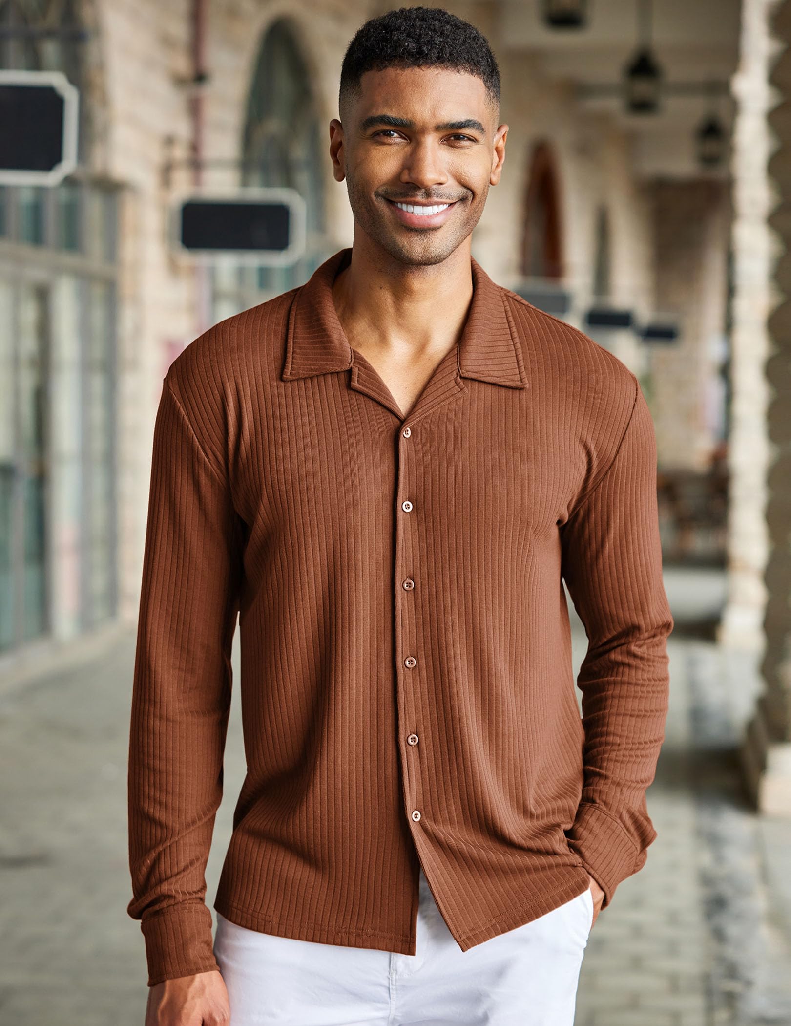 Men's fall casual shirt long sleeve notch collar button closure dress shirt