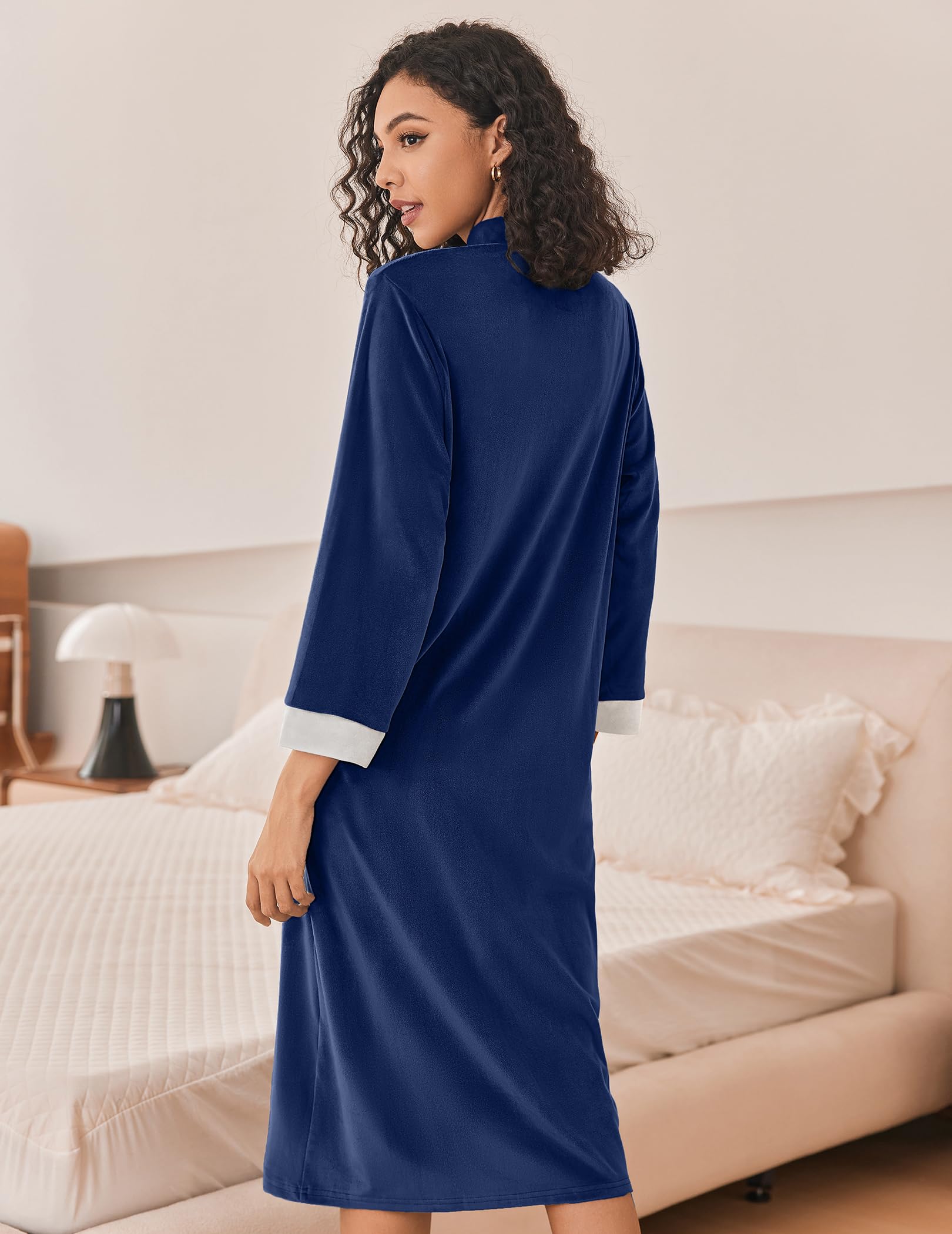 Women zip up robe long sleeve mock neck contrast trim fleece soft with ...