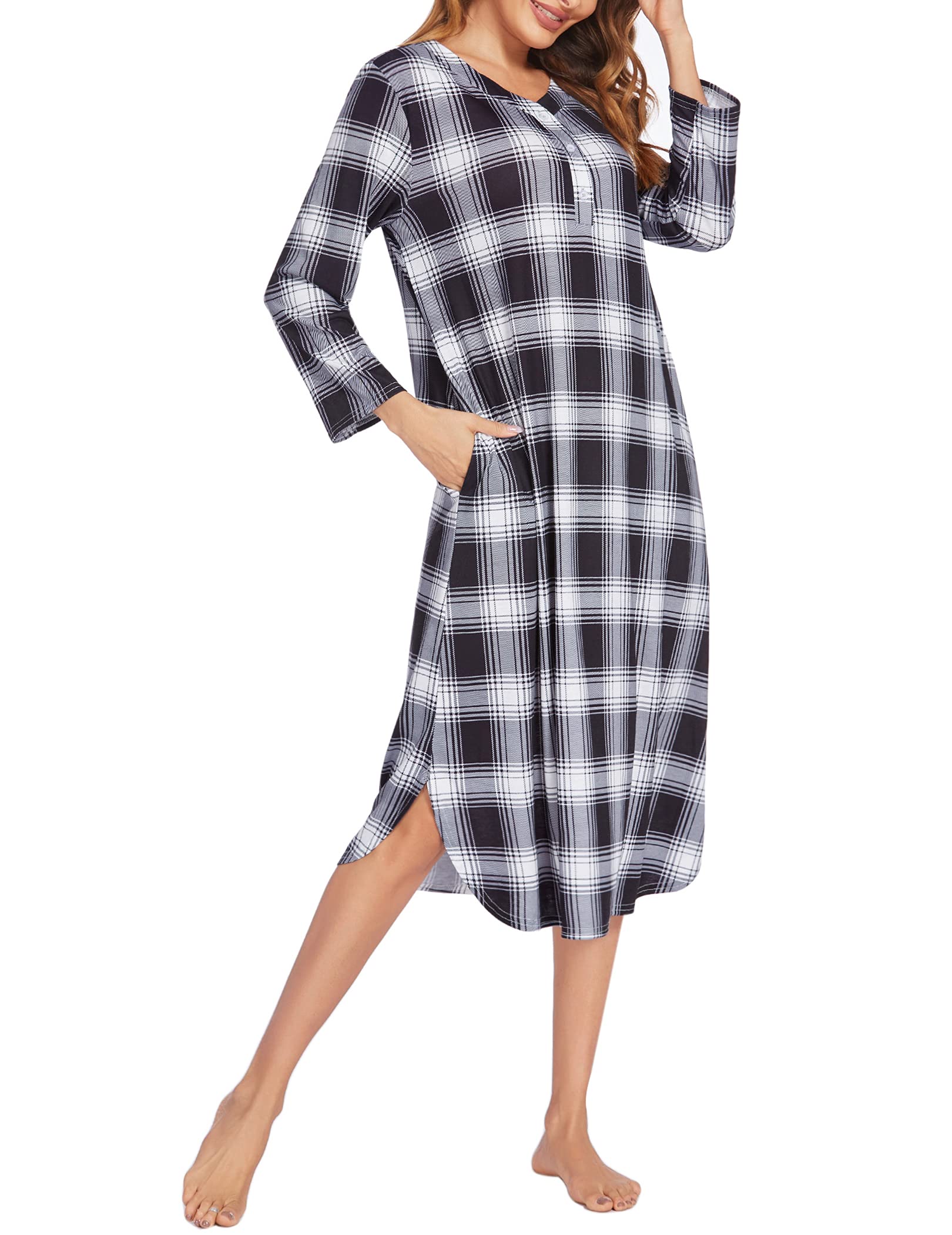 Womens Long Nightgowns Plaid Sleepwear Soft Loose Nightshirt